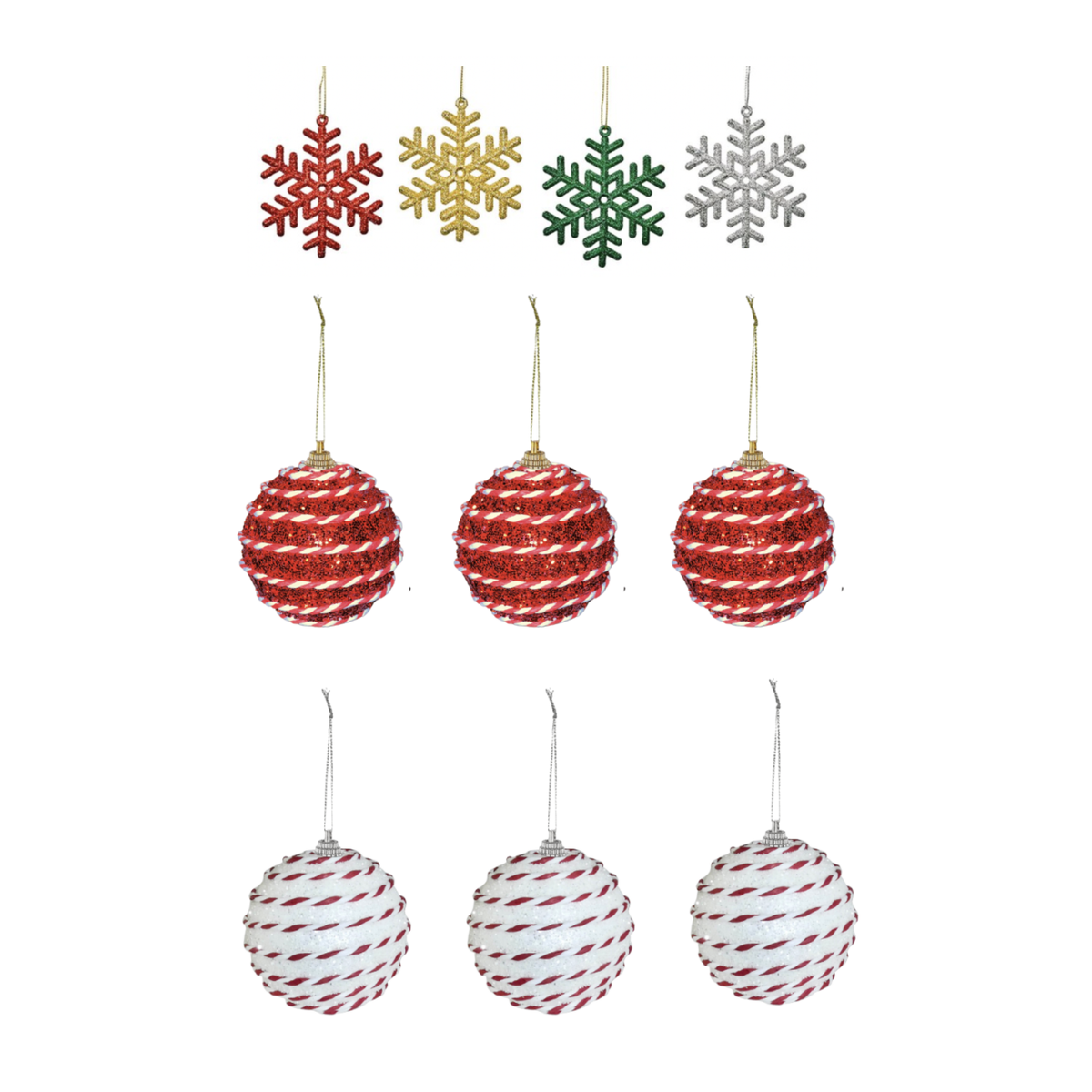 6 Glitter Bauble Christmas Tree Decorations & 4 Snowflake Decorations ...