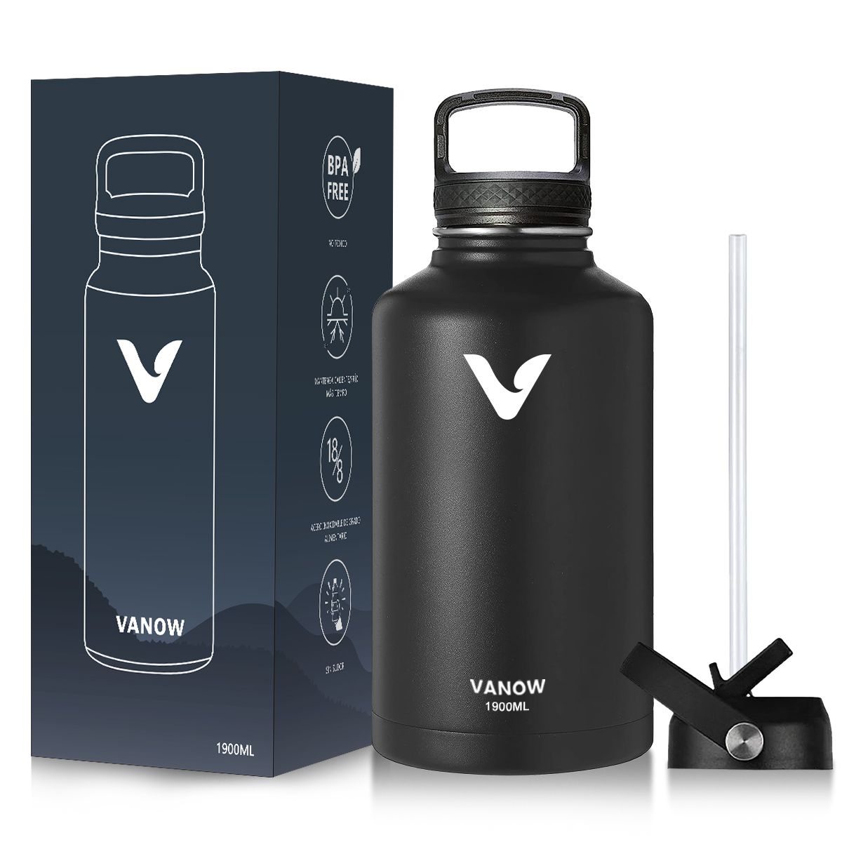 VANOW 1.9L Stainless Steel Double Wall Leak Proof Water Bottle with 2 ...