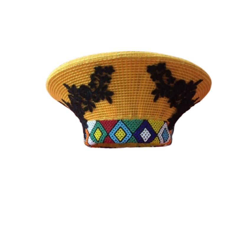 Handcrafted Yellow Zulu Isicholo Hat - Embellished with Black Flowers ...