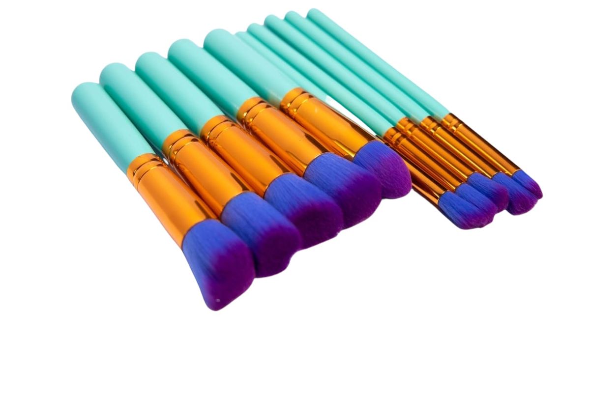 10 Piece Turquoise Mini Makeup Brushes with Blue and Purple Bristles ...