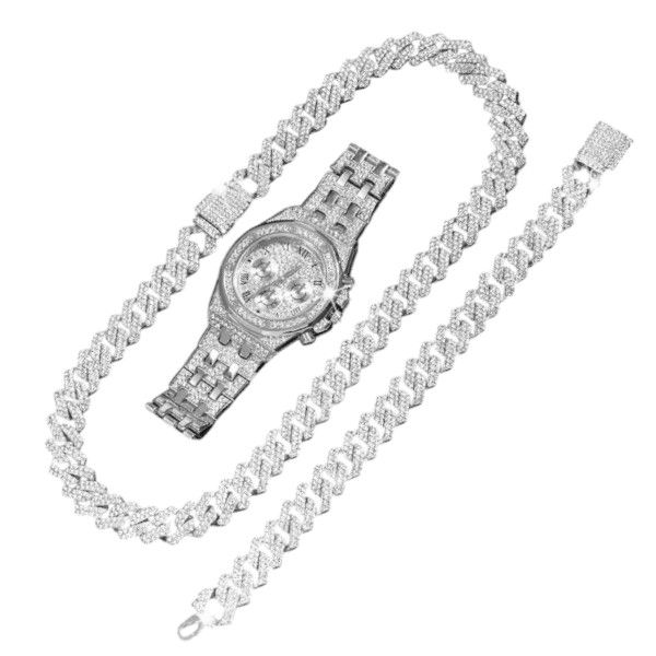 3 Piece Hip Hop Jewelry Set With Rhinestone & Ice Quartz - Silver ...