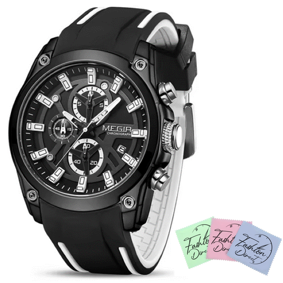 Megir - Men Silicone Strap Chronograph Sport Watch - Black & White ...