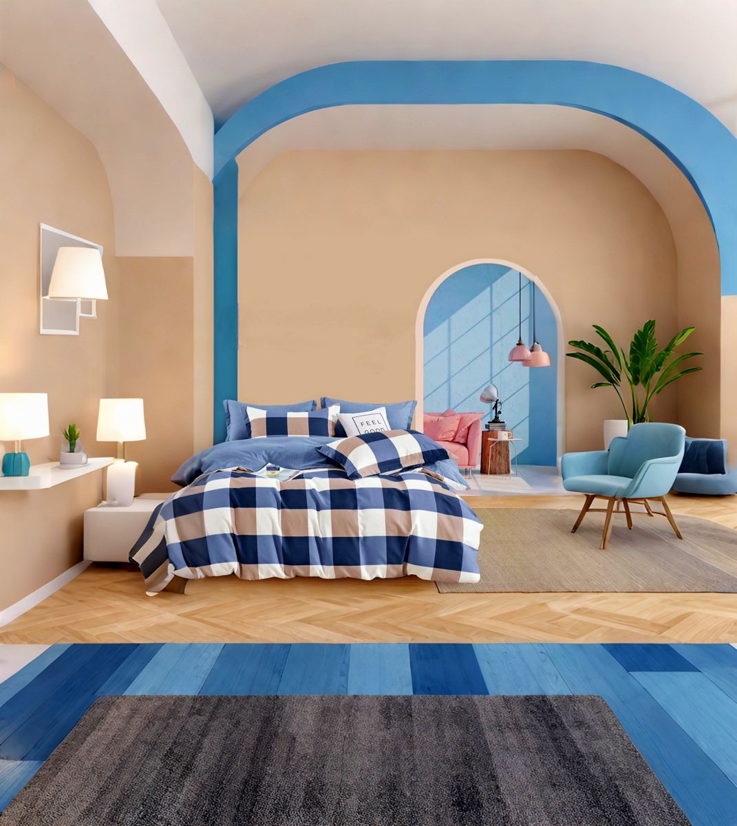 Blue/Beige Polyester Checkered Three Quarter Duvet Cover set | Shop ...