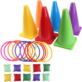 Kids Sport Throwing Cones Tossing Rings Bean Bags Games & Mesh Bag Set ...