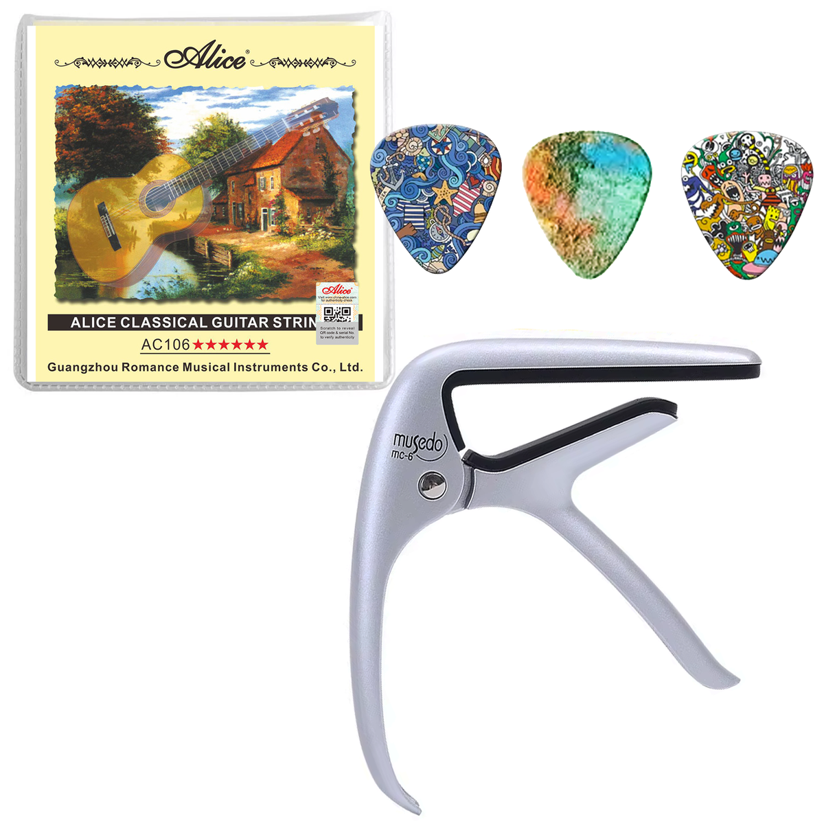 Classical Guitar Essentials Bundle - Nylon Strings, Capo & 3 Picks ...
