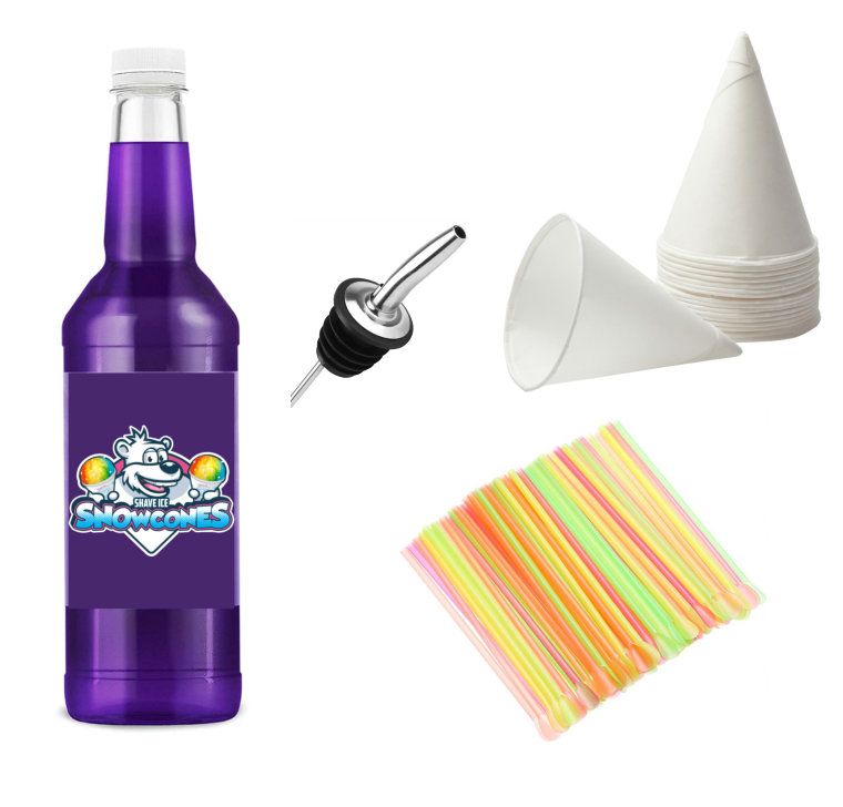 Grape Snow Cone Syrup 1L, 20 Cone cups, 20 Spoon Straws,1 Bottle Pourer ...