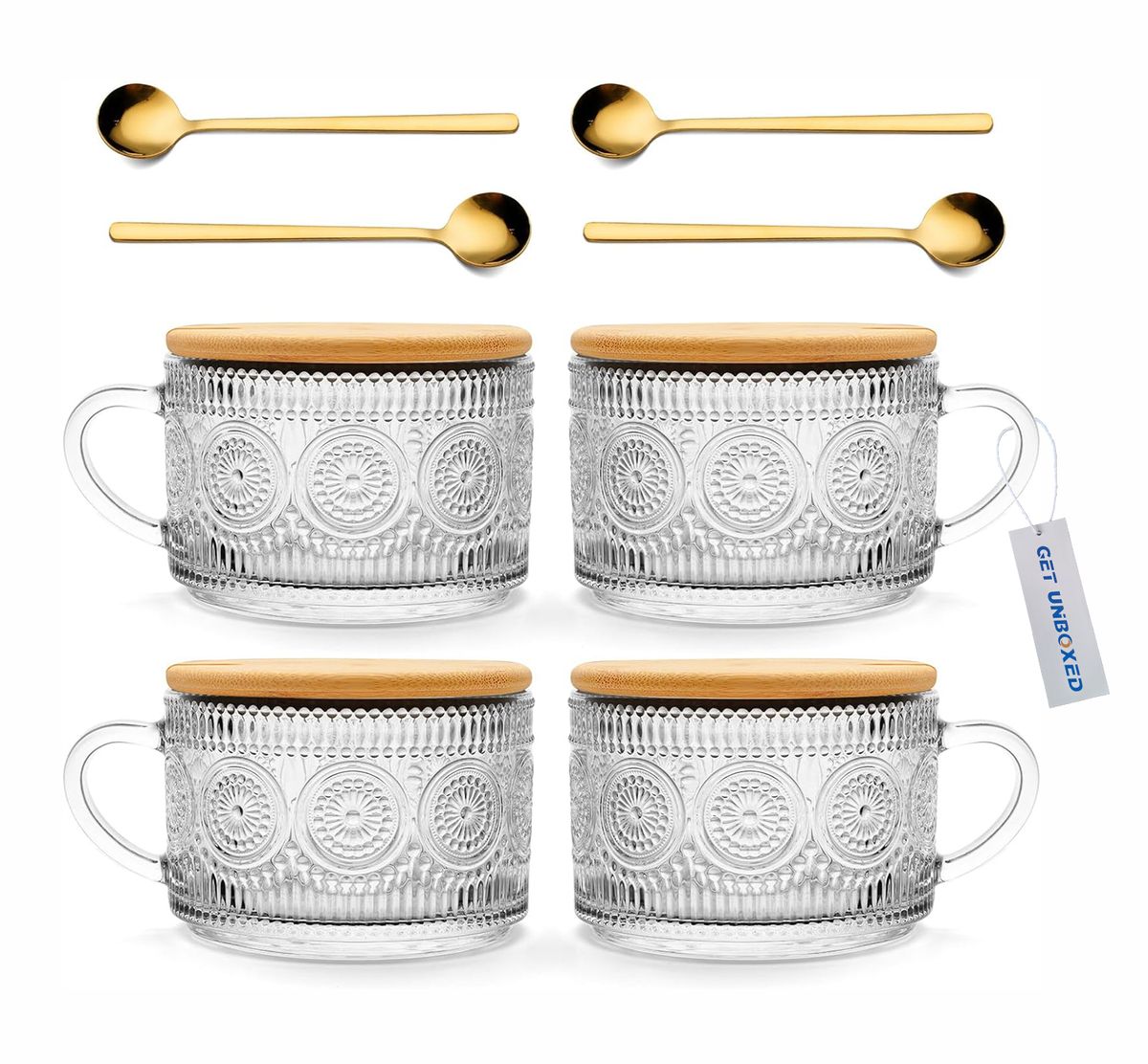 GET UNBOXED Glass Coffee Mugs Embossed Glass Cups with Lids Spoons - 4 ...