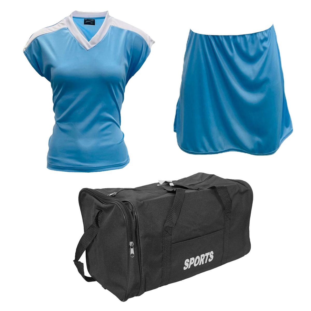 Netball Top & Skirt Kit Set for Women's Team of 10-Sky Blue/White & Bag ...