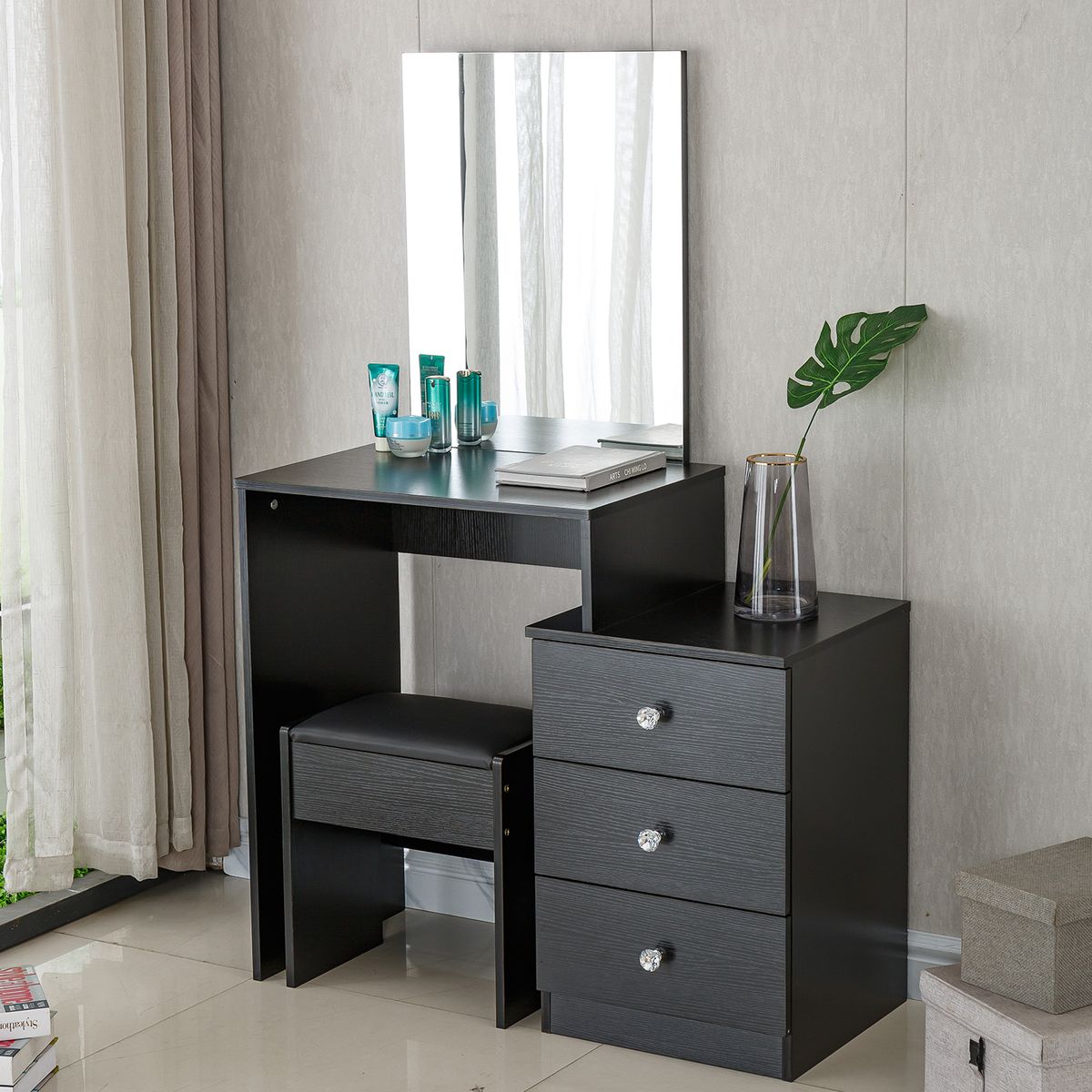 Dressing Table Stool Set Vanity Desk with Mirror & 3 Drawers Study ...