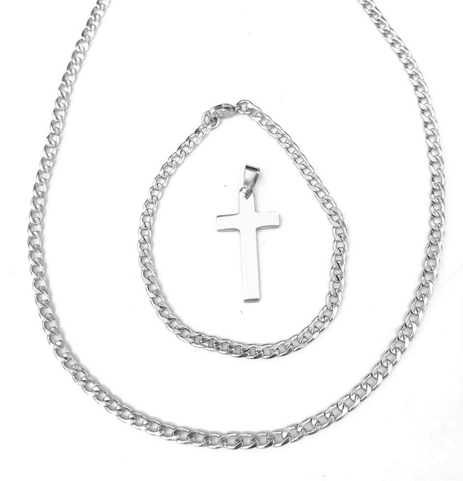 Cuban 4mm Stainless Steel 60cm Chain + 20cm Bracelet & Cross Pendant ...
