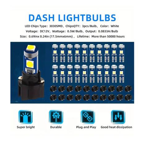 Dash Bulb Replacement 70x T5+T10 LED Car Instrument Panel Cluster Dash ...
