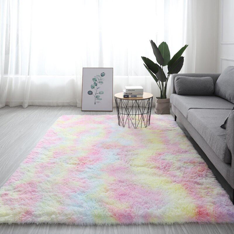 150 x 180cm Plush Fluffy Carpet - Shaggy & Foldable Rugs - Rainbow ...