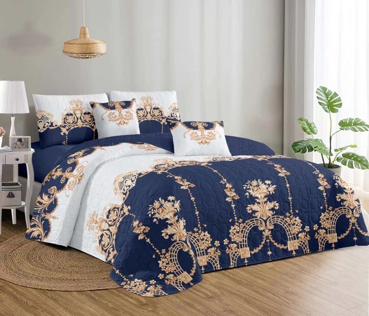 Bedspread Set Queen 5 Piece Microfiber Blue & White Royal Pattern ...