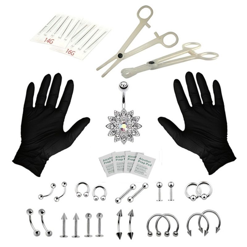 41 Piece Body Piercing Tool Kit Ear Nose Navel Nipple Needles 14G and ...
