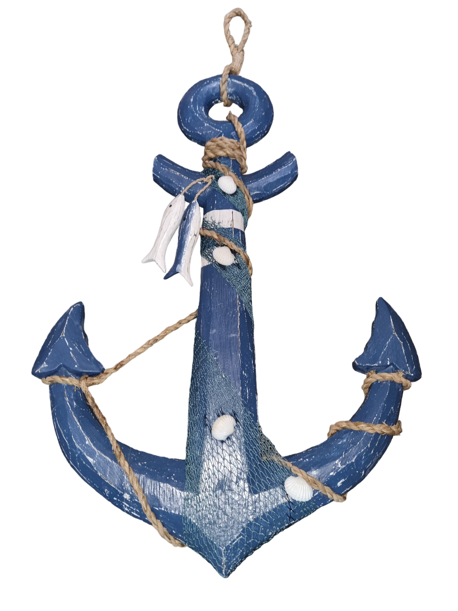 Anchor Wall Decor Hanging Nautical Wooden Two Fishes And Net - 35cm x ...