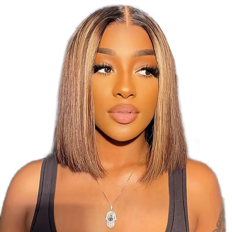 BlackIn 10In Double Drawn Full Frontal Highlight Wig Short Straight Bob ...