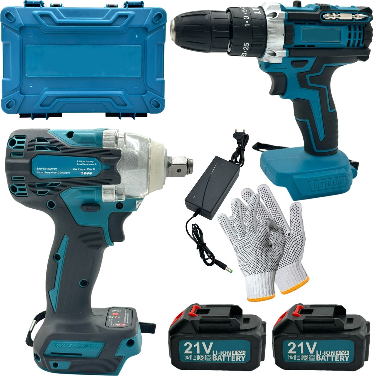 Cordless Impact Drill & Wrench Power Tool Set With 2x 21V Batteries ...