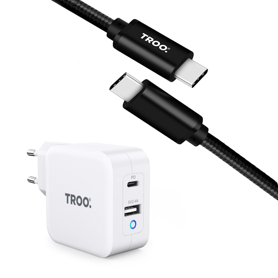 TROO Certified PD 65W Ultra Fast Dual Wall Charger + Type-C Braided ...