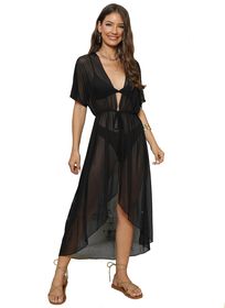Women Long Swimwear Coverup Sheer Open front Kimono Cardigan Beachwear ...