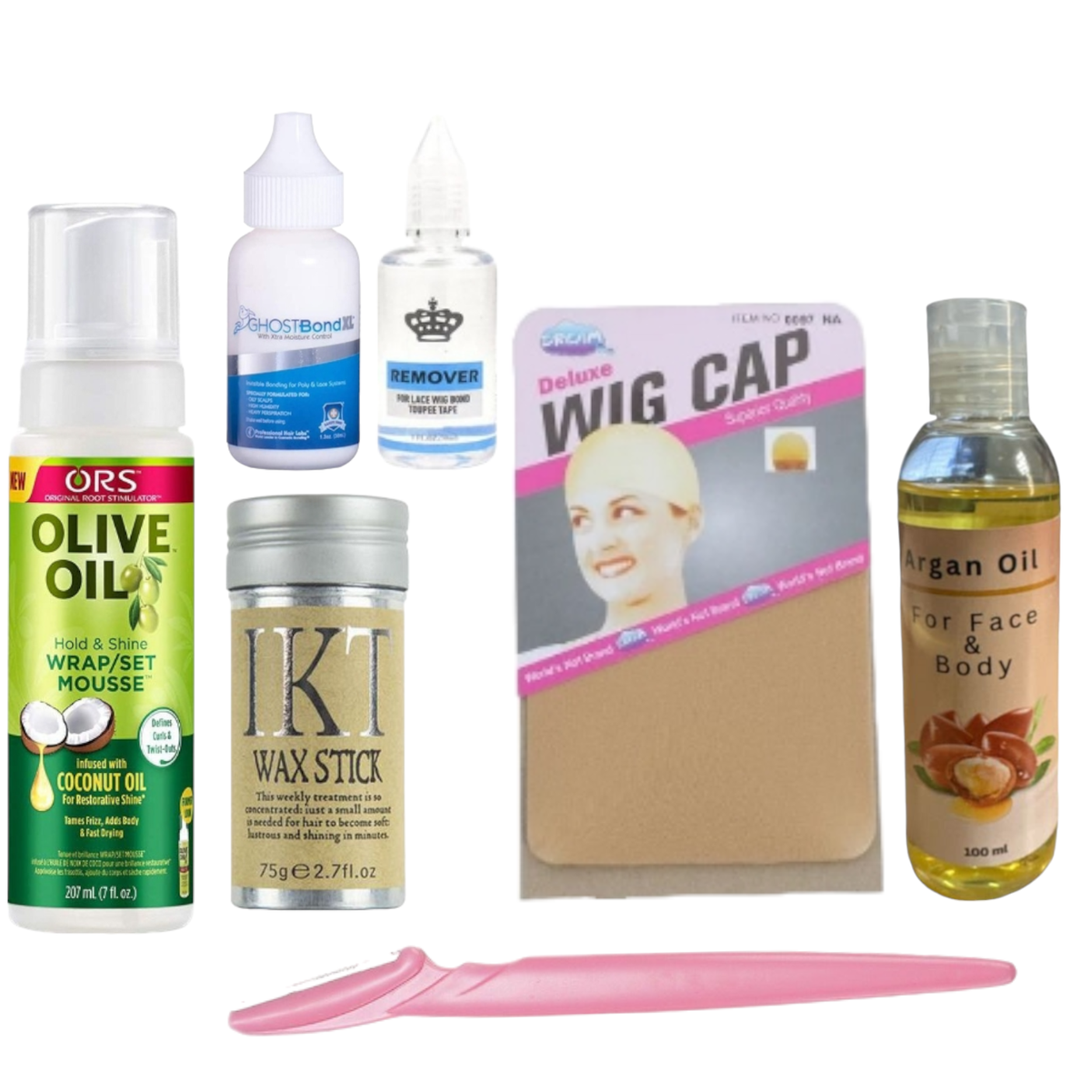 Wax Stick, Olive Oil Foam Mousse, Glue & Remover,Wig Cap,Razor & Argan ...