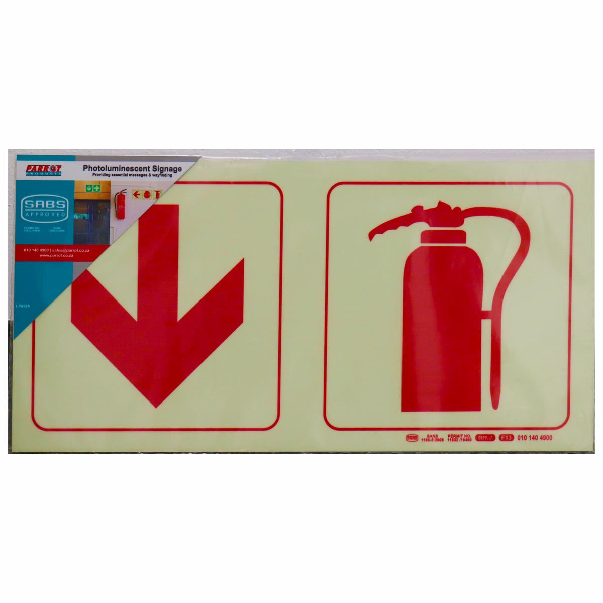 Parrot Photoluminescent Safety Sign-F13 Down Arrow To Fire Extinguisher ...