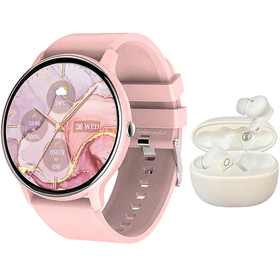 Pink Smartwatch & Wireless Earbuds Combo for Women -Golden Perfect Gift ...