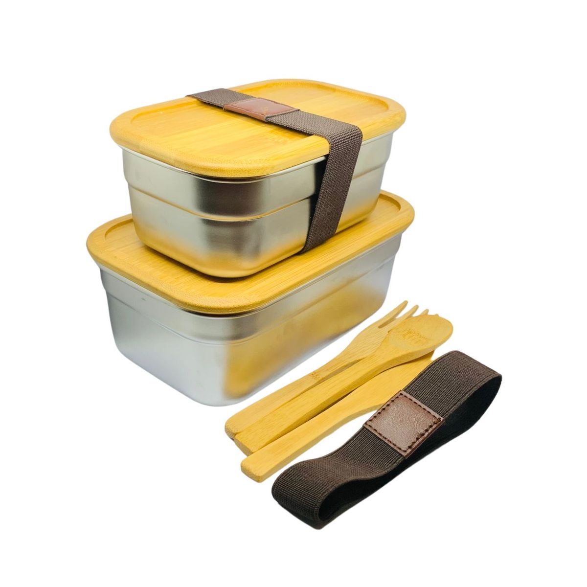2-Pieces Premium Stainless Steel Lunch Box with Bamboo Lid & Cutlery ...