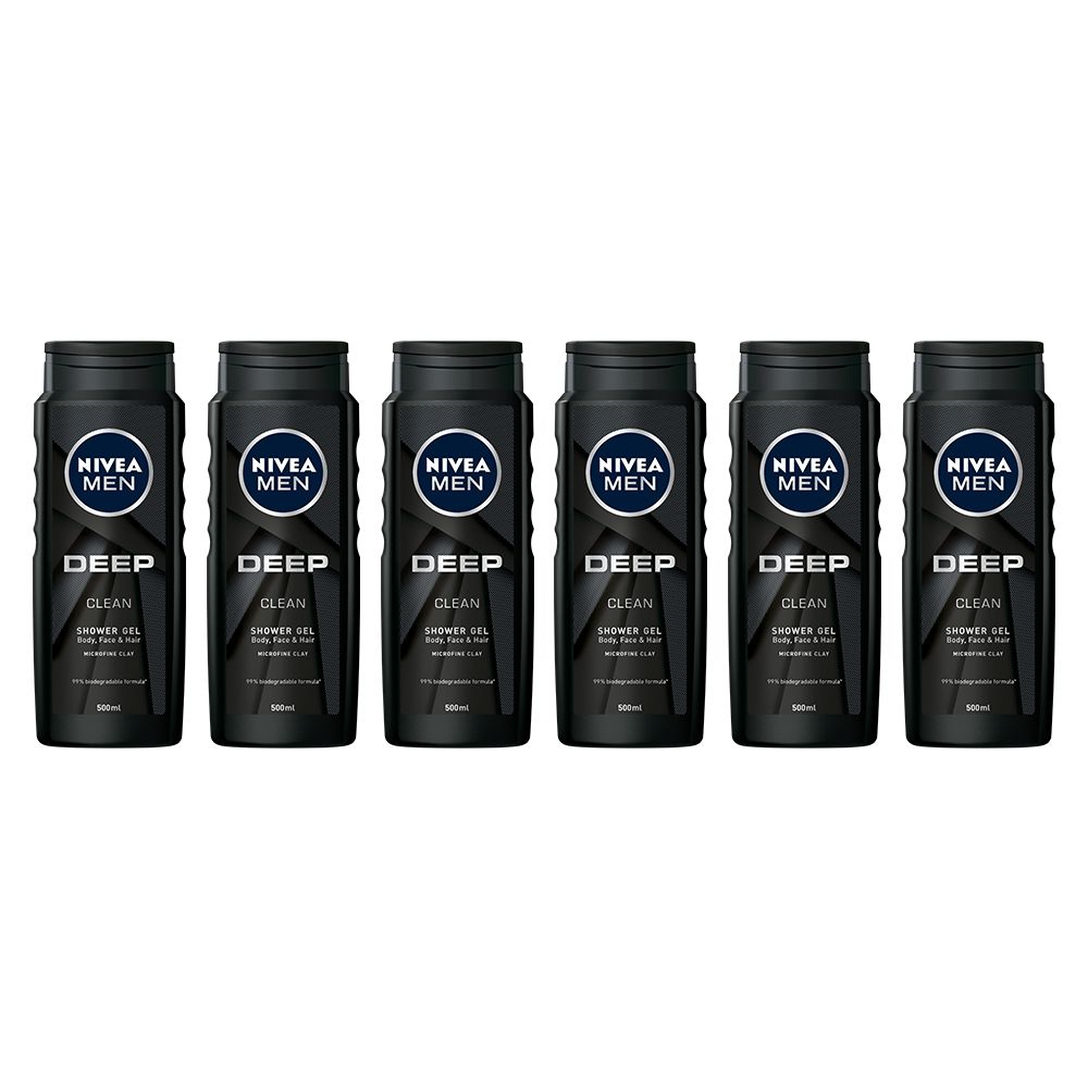 NIVEA MEN Deep 3in1 Shower Gel Body Wash with Microfine Clay, 6x500ml ...