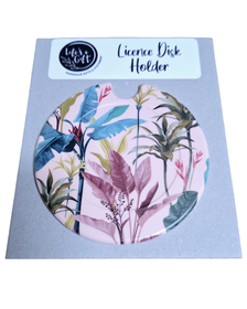 Licence Disk Holder - Purple, Blue, & Green Leaves on Pink Background ...