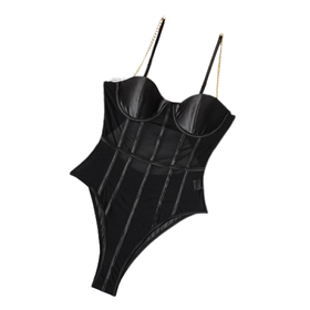Black Mesh Molded Love Crafted Elegant Bodysuit With Gold Chain Strap ...