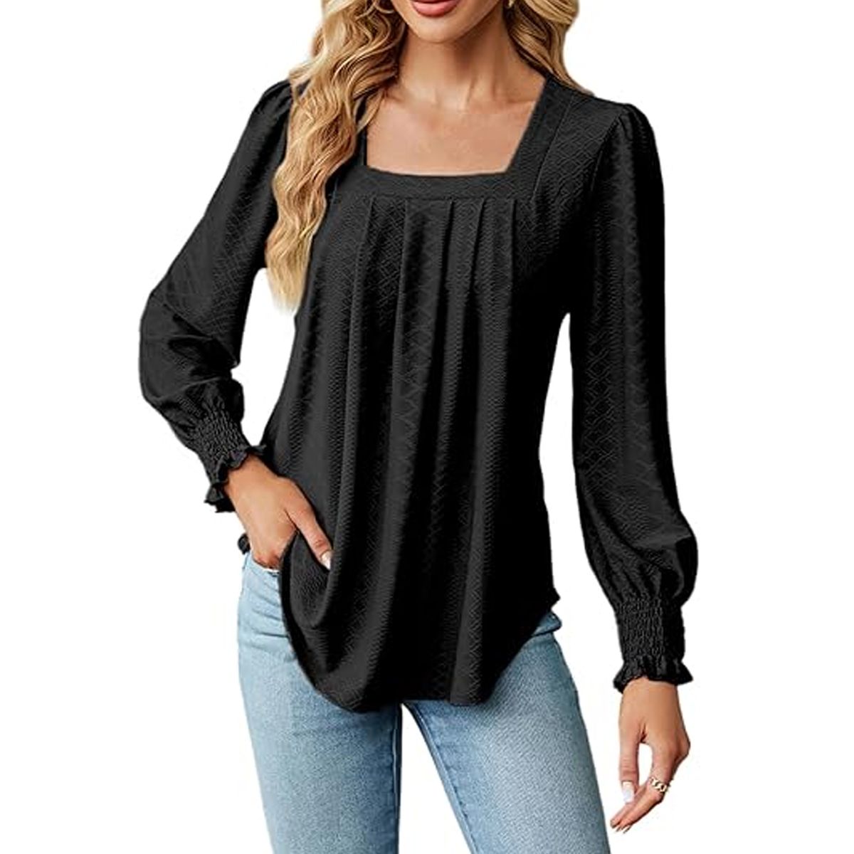 Women Spring Autumn Square Neck Puff Sleeve Long Sleeve T-Shirt Pleated ...