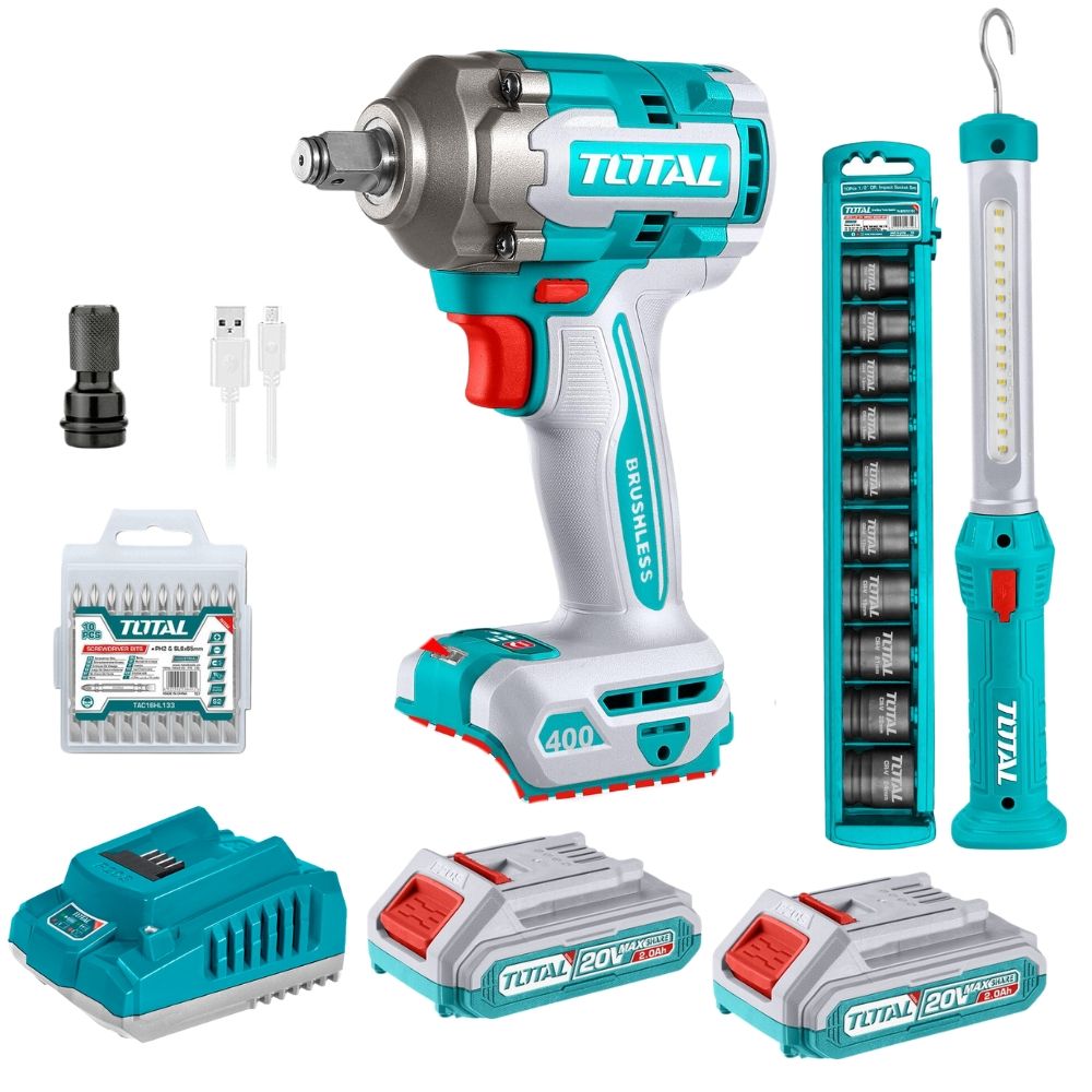 Total - Impact Wrench 400Nm with Work Lamp 2 x 2Ah Battery and Charger ...