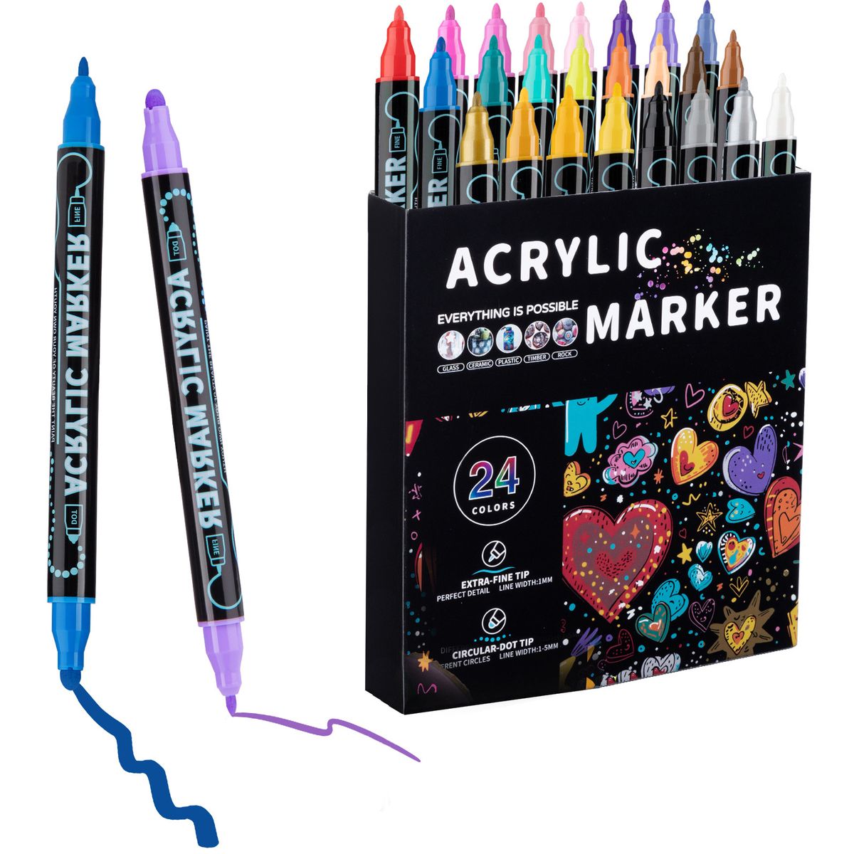 24 Colors Premium Waterproof Marker Dual Tip Acrylic Pens Markers ...