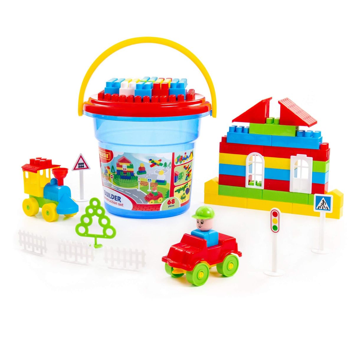 Polesie 68 Piece Building Blocks Set with Car and Train Set in bucket ...