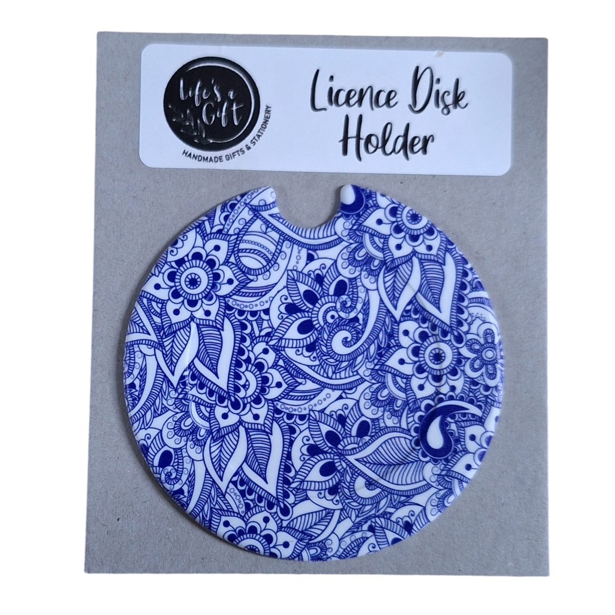 Licence Disk Holder - Blue Mandala Flowers with White Stipy Leaves ...