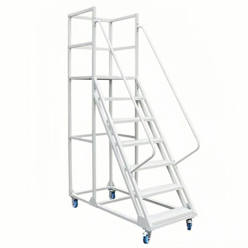 Steel 7 Step Mobile Rolling Safety Ladder with Wheels - Light Grey ...
