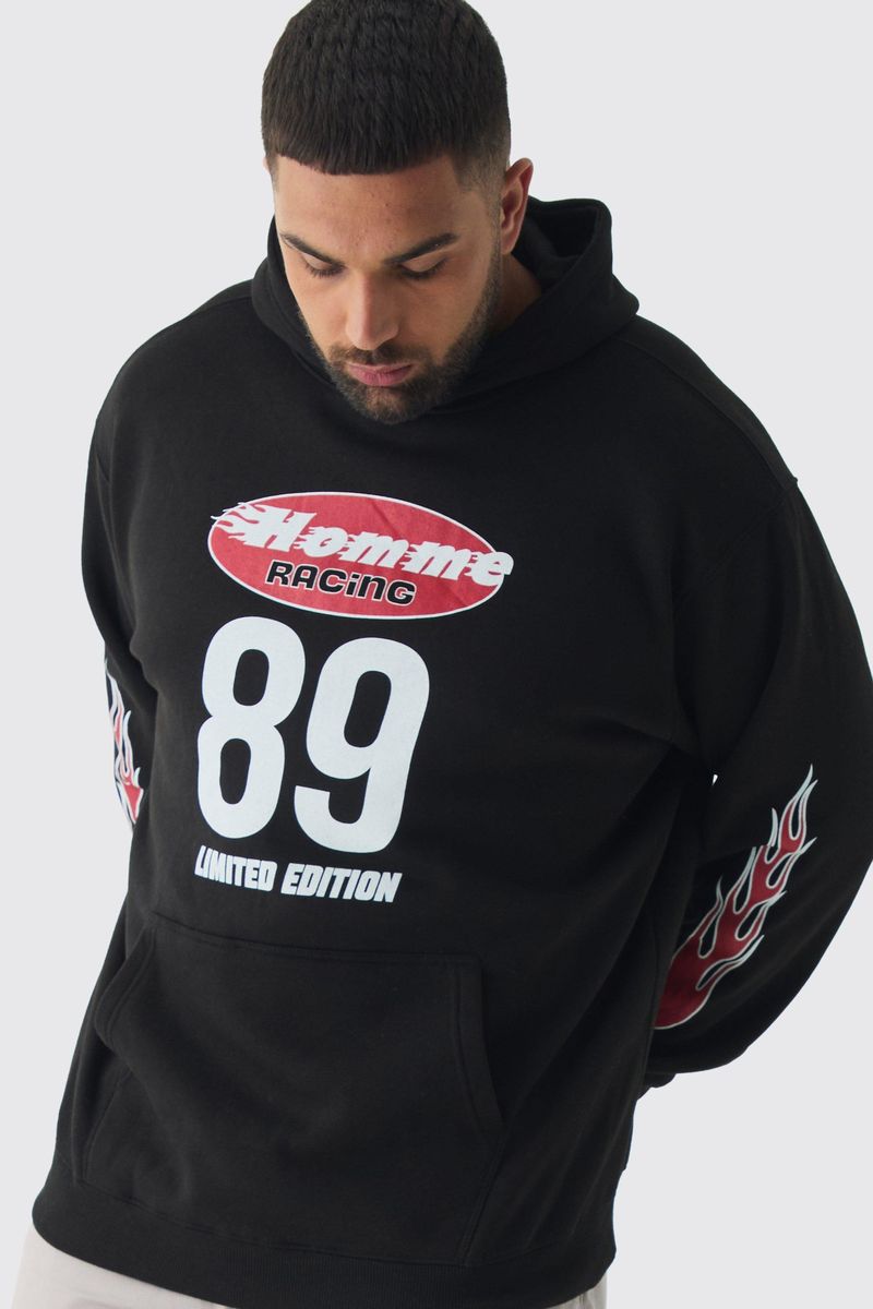 boohooMAN - Men's Plus Homme Racing Oversized Hoodie - Black | Shop ...