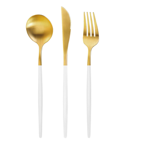18 Pieces Gold With White Handle Flatware Set(6 Spoons ,6 Forks,6 ...