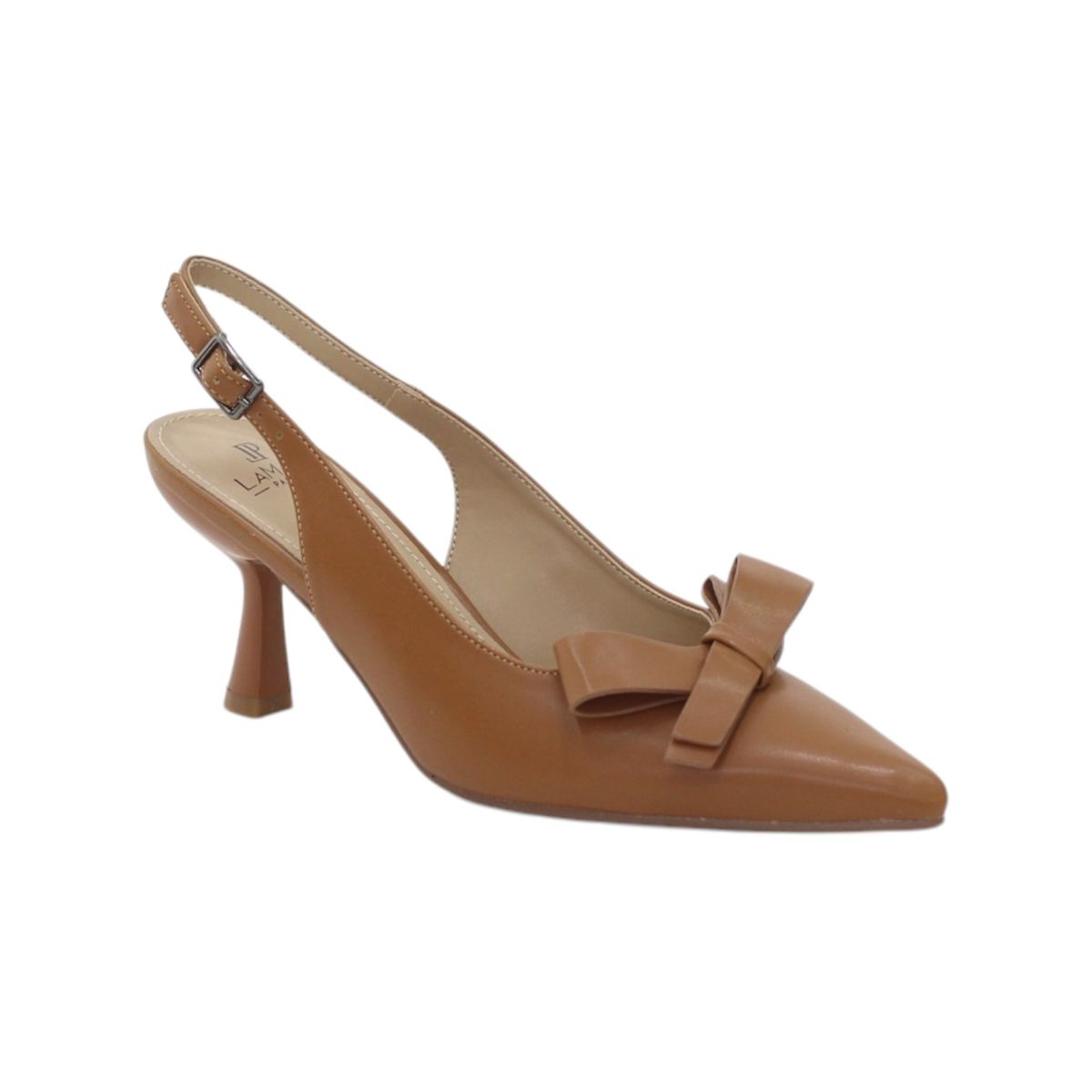 Rejaf Pointy Patent Sling Back Courts With Knot Trim On 7cm Heel Tan ...