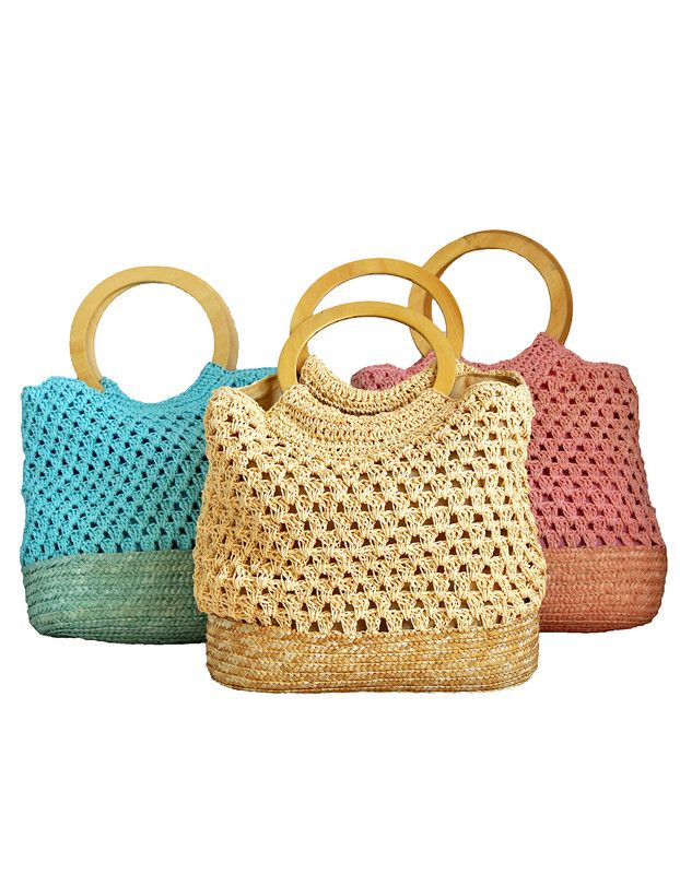 Fino PC-012936 Straw Bag with Wooden Handles 3 Piece Bag Set Value Pack ...