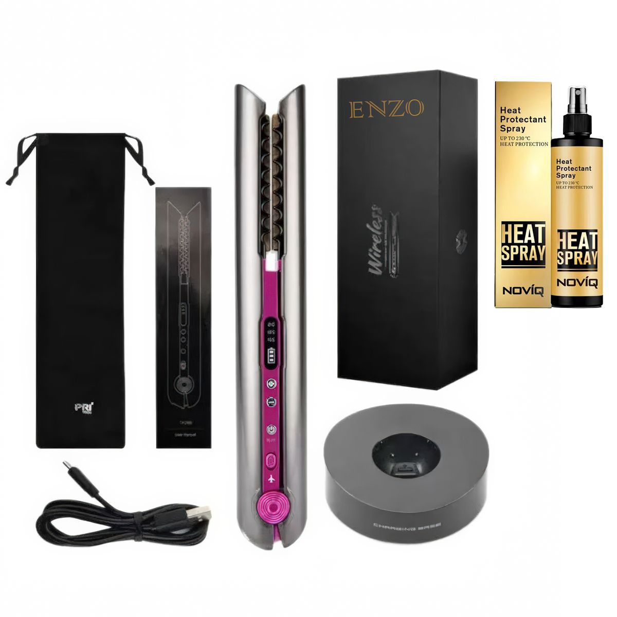 Rechargeable Mini Hair Straightener & Curler + NOVIQ Heat Spray 250ml ...