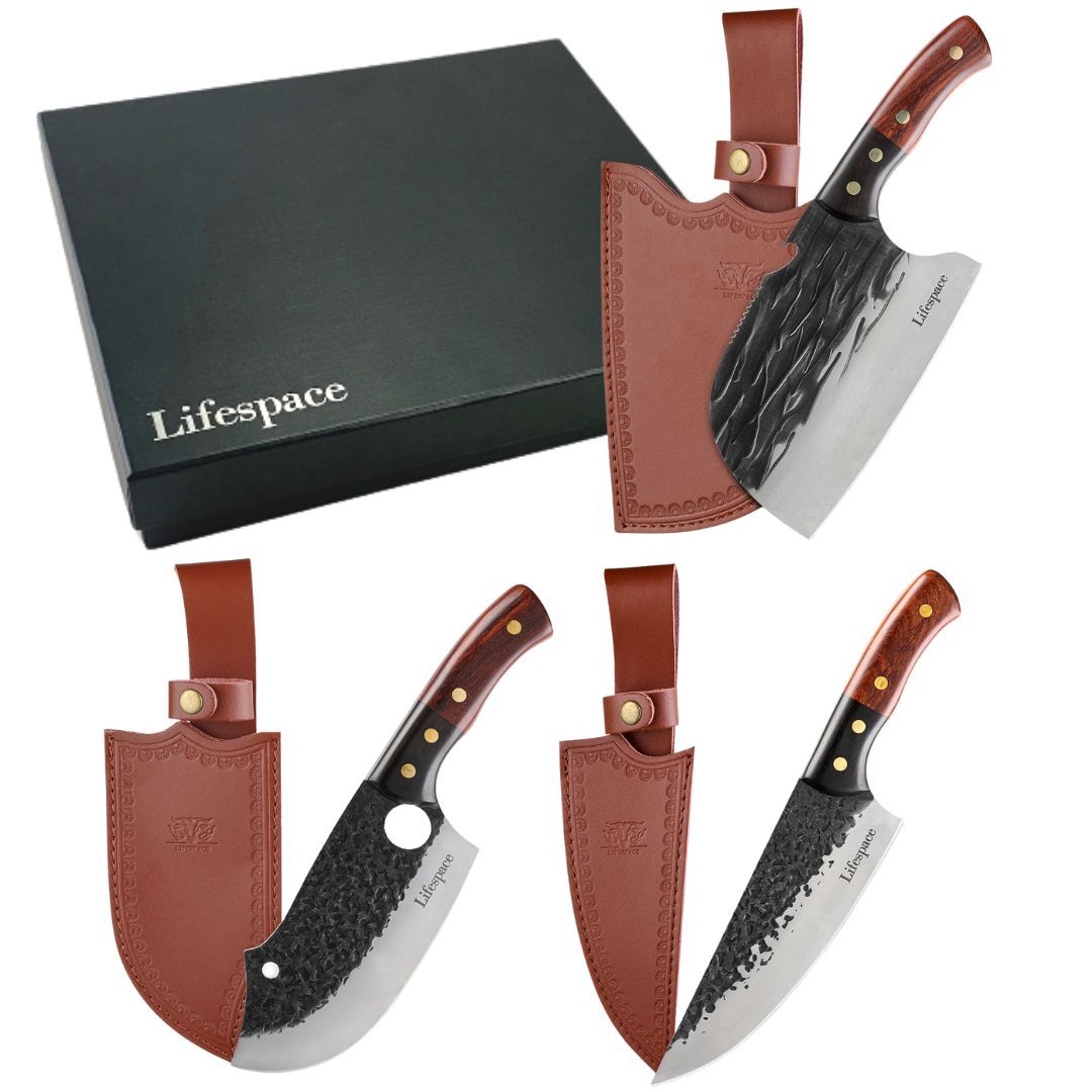 Lifespace Premium Cleaver Knife Set w/ Genuine Leather Sheath in a Gift ...