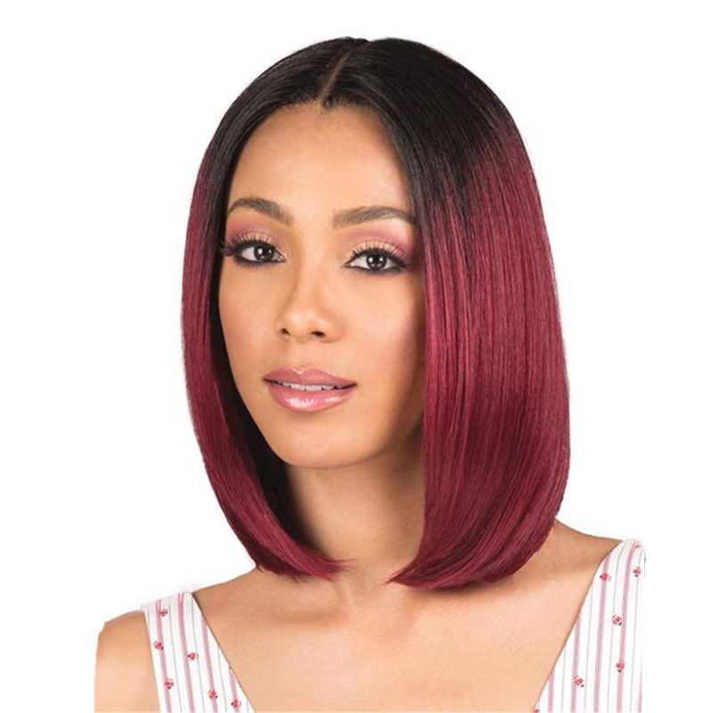 Ladies Short Straight Hair Black Gradient Red Mid-Point Bobo Head Wig ...