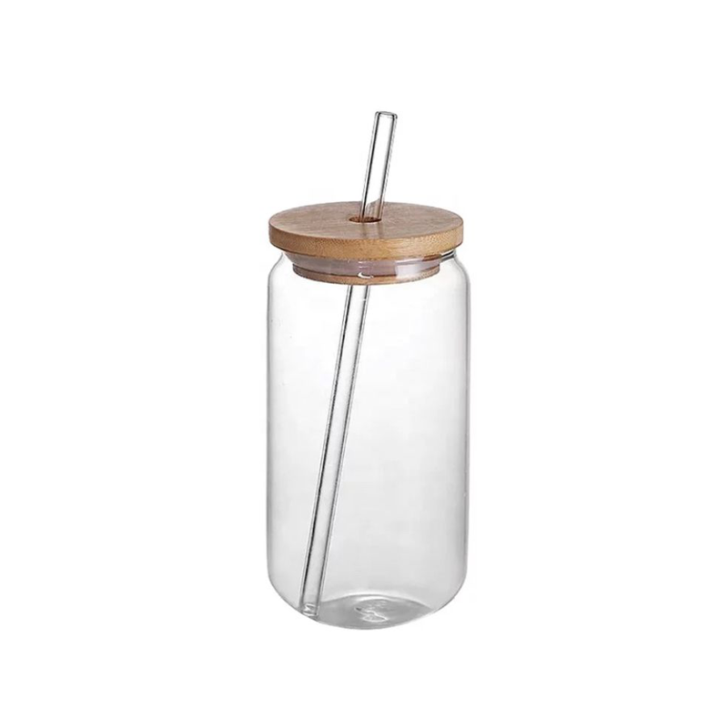 Clear Glass Drinking Can Shape Bottle with Bamboo Lid and Glass straw ...