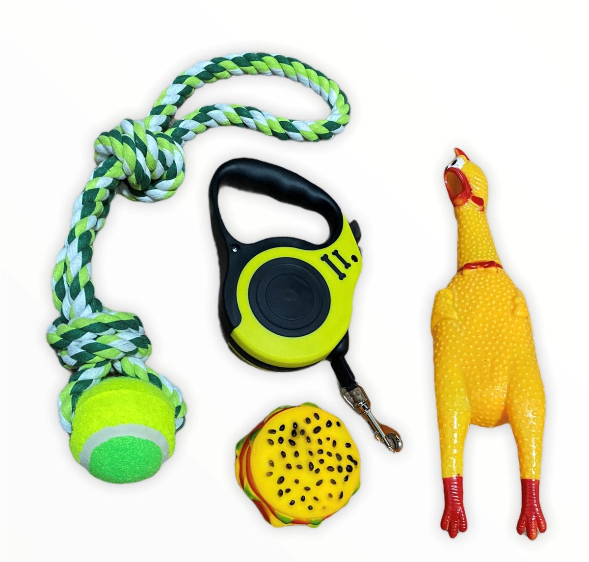 Dog Toys Set of 4 Shrilling Chicken/Rope Ball/Burger /Dog leash | Buy ...