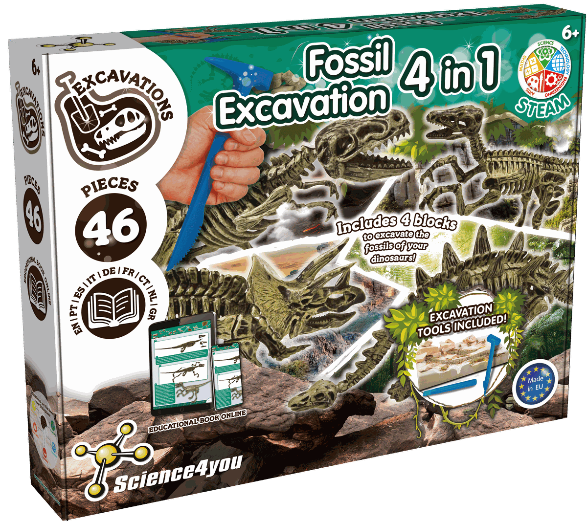 Science4you - Dinosaur Fossil Kit 4-in-1, 46 Pieces, STEM Toys for Kids ...