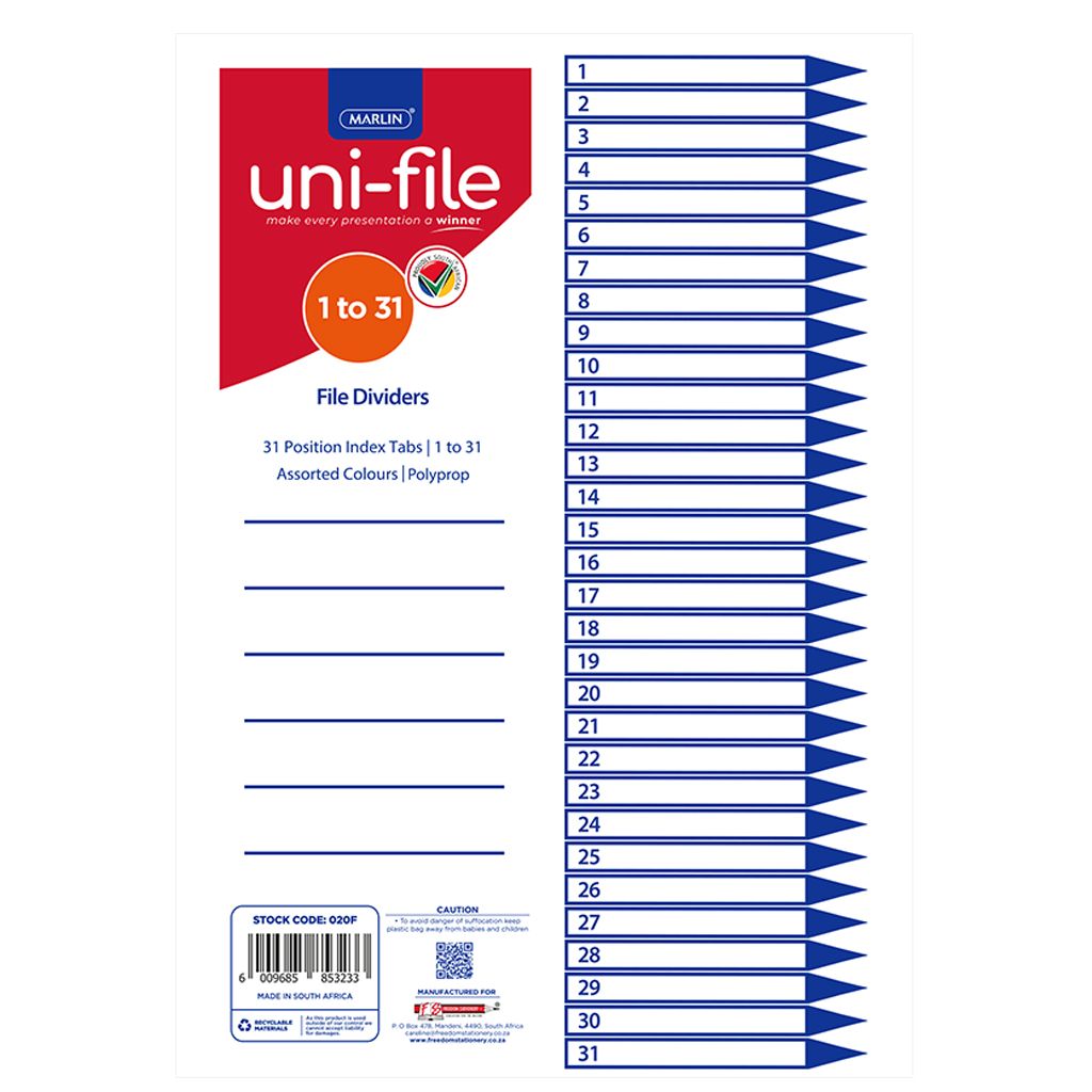 Uni-file File Divider, Polypropylene Board, 1 - 31 (Pack of 10) | Shop ...