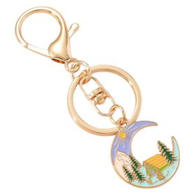 Crescent Moon Shaped Cabin Keychain With Enamel Woodland Scene ...