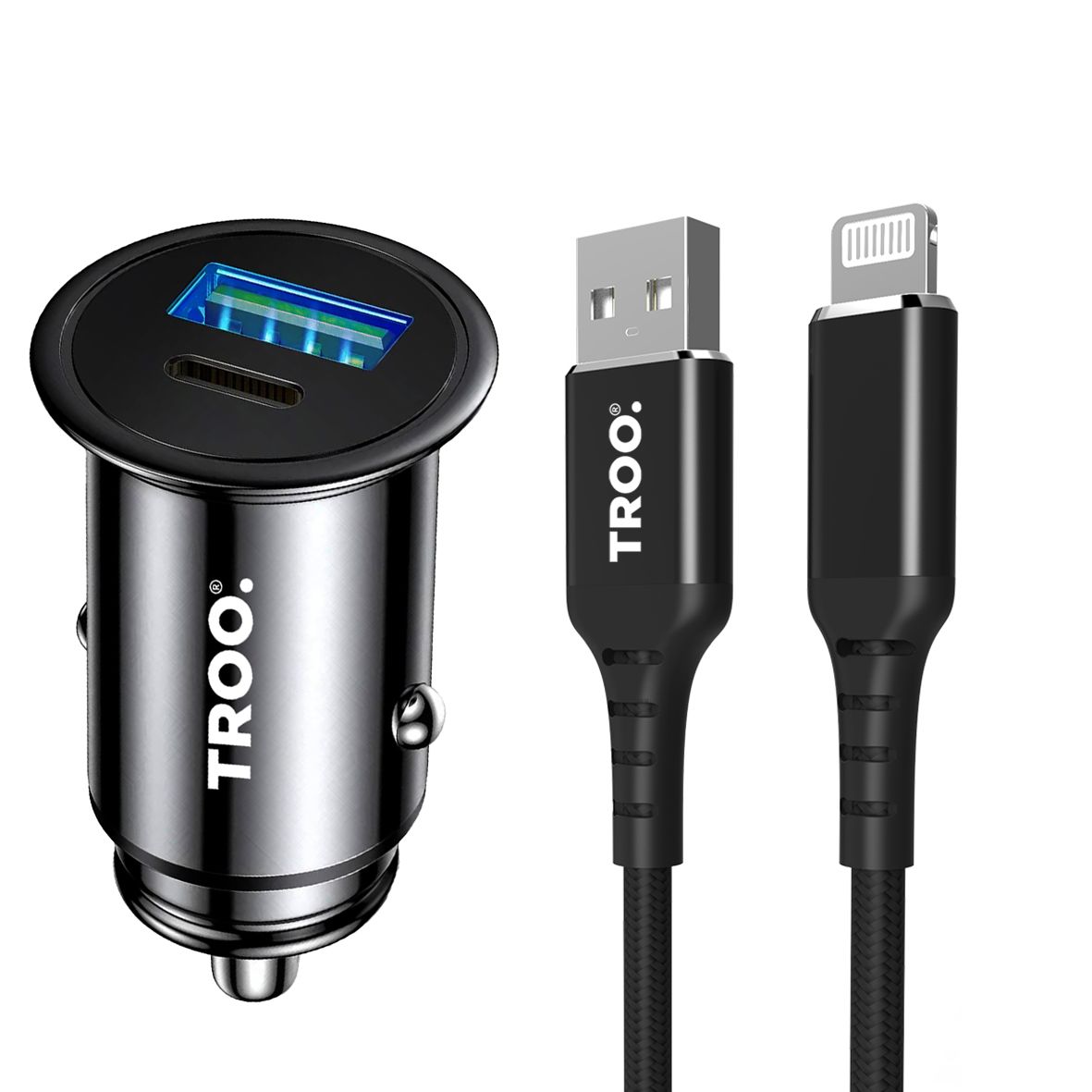 TROO Certified PD 48W Fast Car Charge & USB To Lightning MFI Braided ...