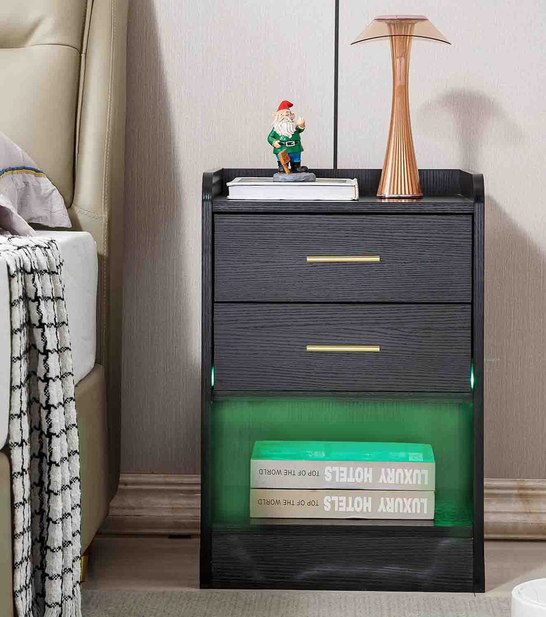 Bedside Table LED Nightstand End Table Side Table with 2 Storage ...